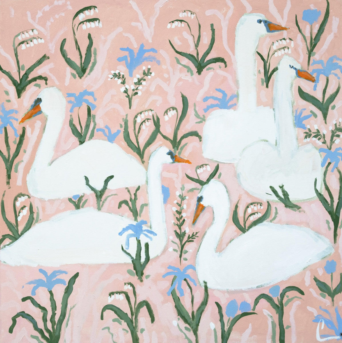 Swans with Lily of the Valley No. 1- 36x36 – Jordan Connelly Studio